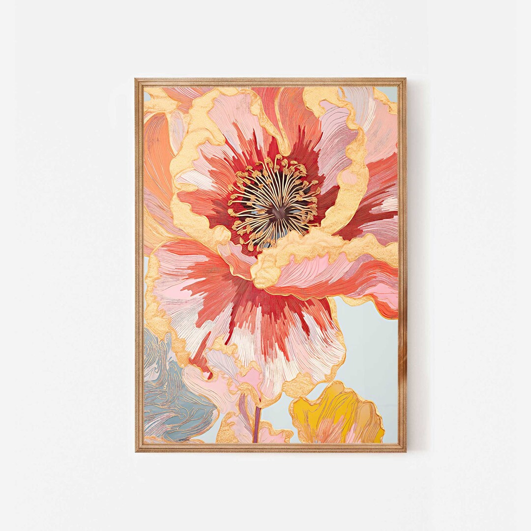 Red Poppy Art Print With Gold Accents, Large Floral Poster Printing ...