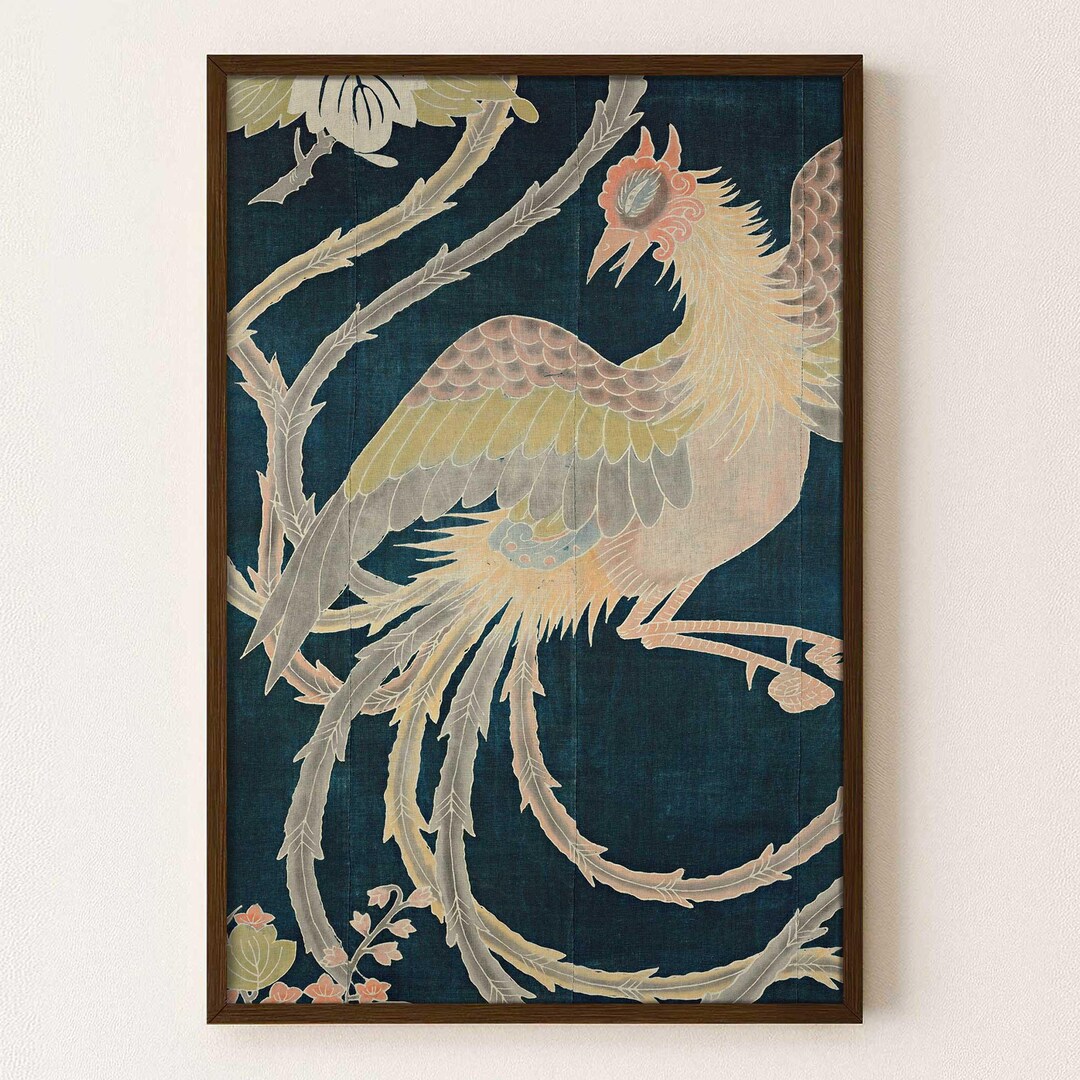 Japanese Phoenix Bird – Indigo Textile Wall Art Print – Navy Blue ...