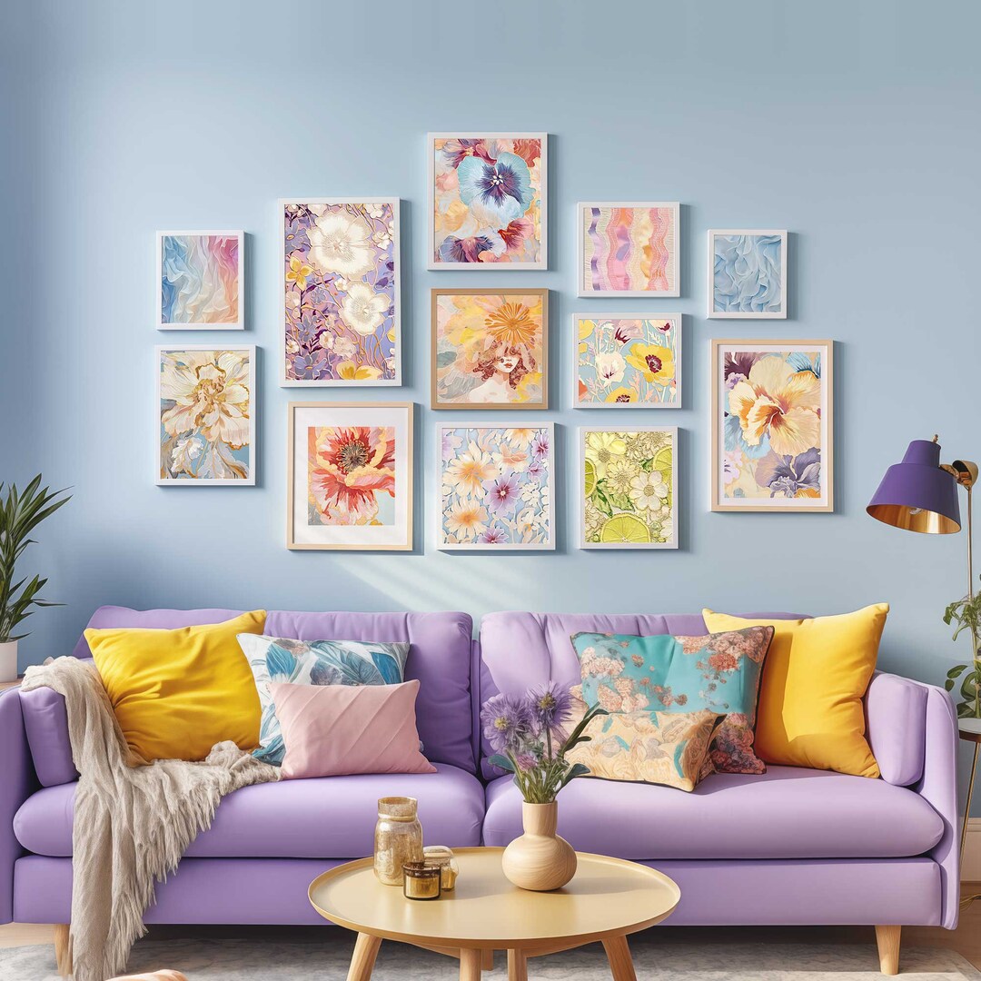 Floral Gallery Wall Set Purple and Blue, Spring Flowers Printable Wall ...