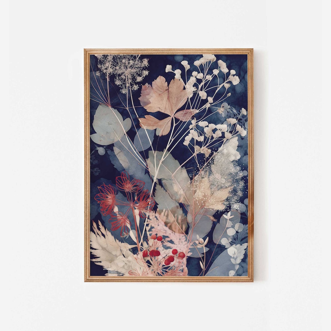 Dark Floral Print Blue Botanical Wall Art Printable Navy - Etsy