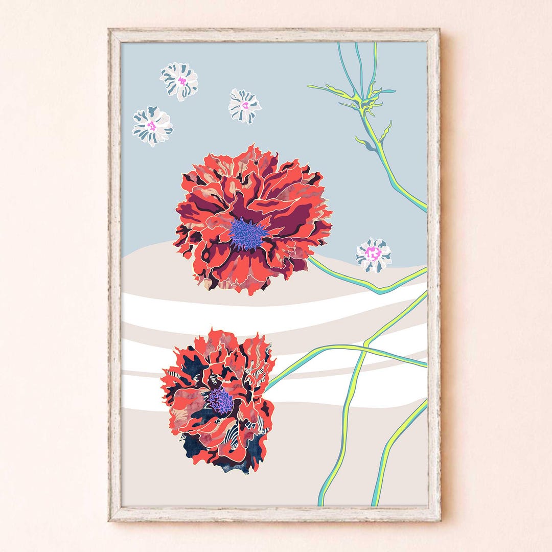 Abstract Marigold Flowers – Tropical Botanical Wall Art Print – Coral ...