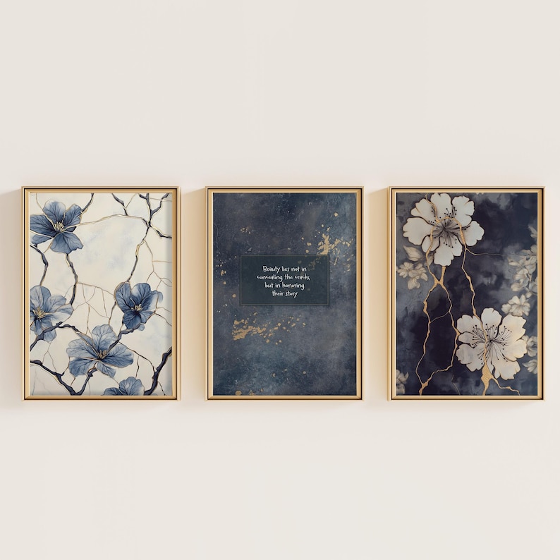 Japanese Kintsugi Florals - Set of 3 Botanical Wall Art Prints - Navy ...
