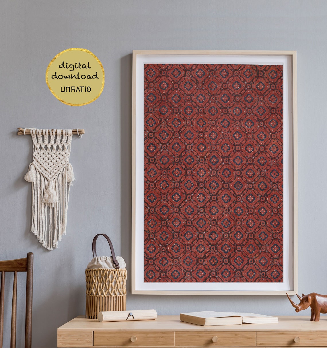 Dark red Indonesian batik print downloadable art Vintage | Etsy