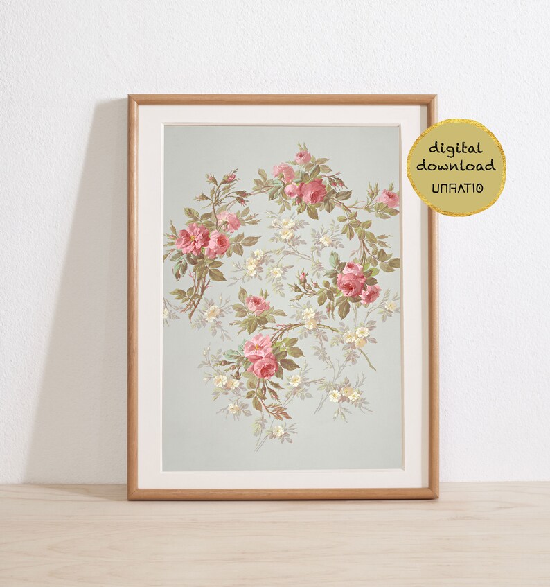 Vintage rose painting shabby chic decor downloadable print | Etsy