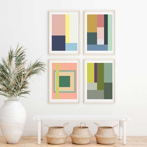 Retro Color Block Art Set of Four, Downloadable Art Prints, Bright ...