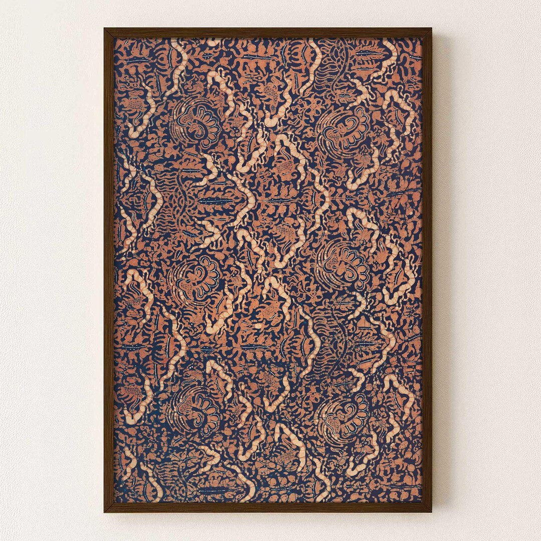 Wavy Parang – Indonesian Batik Textile Wall Art Print – Navy & Copper ...
