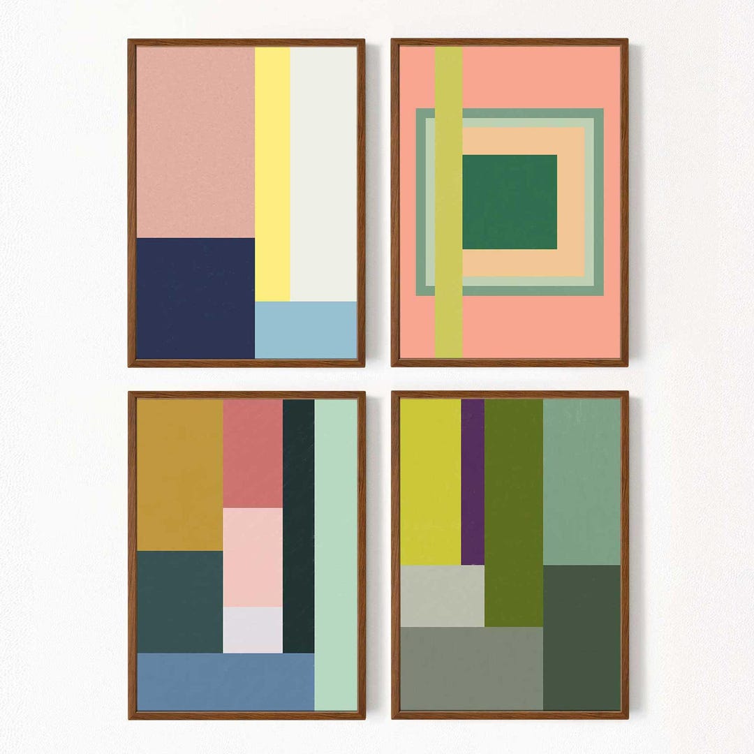 Retro Color Block Art Set of Four, Downloadable Art Prints, Bright ...