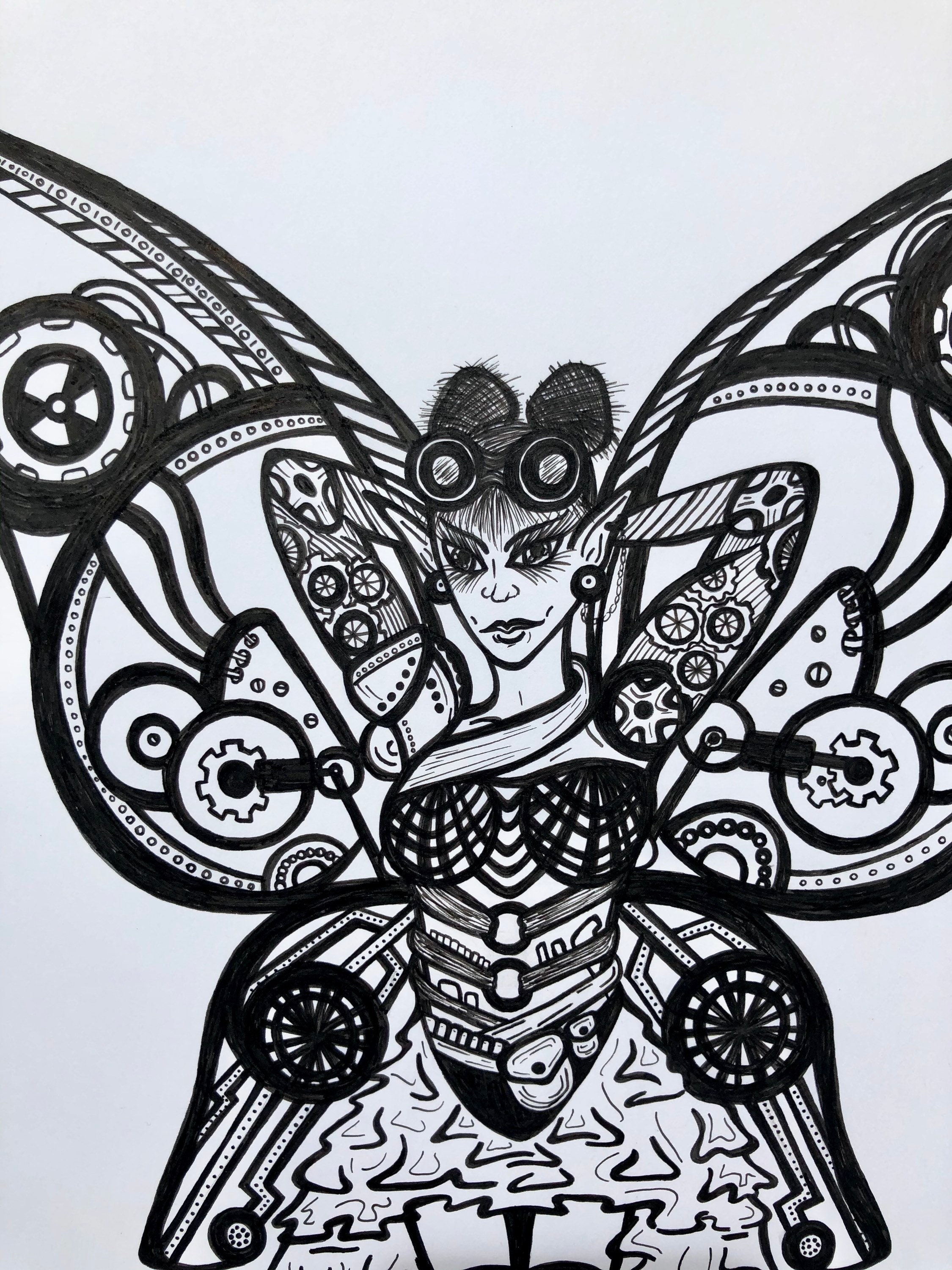 Steampunk style fairy drawing, original artwork, pen and ink drawing ...