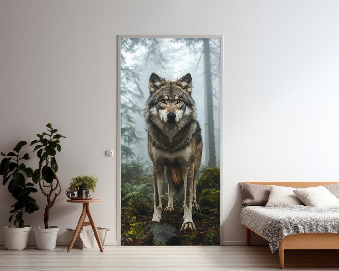 Wolf in Foggy Forest Front Door Decal, Realistic Forest Wolf Door Cover ...