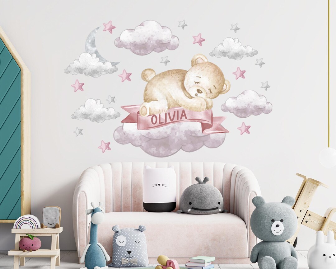 Teddy Bear Wall Decal Baby Room, Custom Girl Name Decal, Kids Room ...
