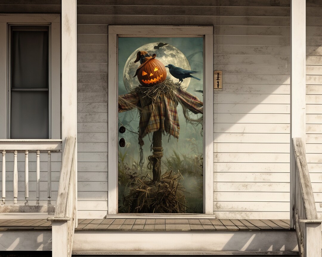 Scarecrow in Full Moon Night 3d Door Decal, Halloween Door Banner ...