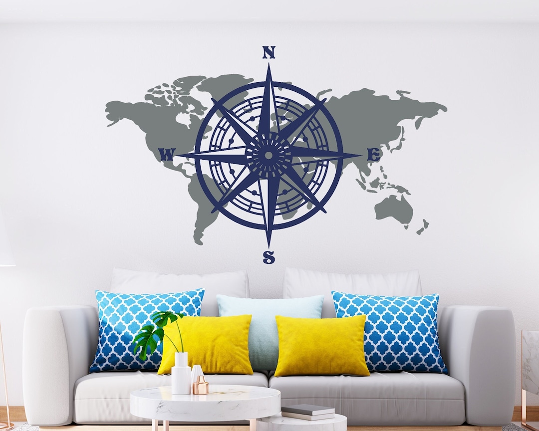 Calcomanía de pared de mapa mundial calcomanía de brújula - Etsy México