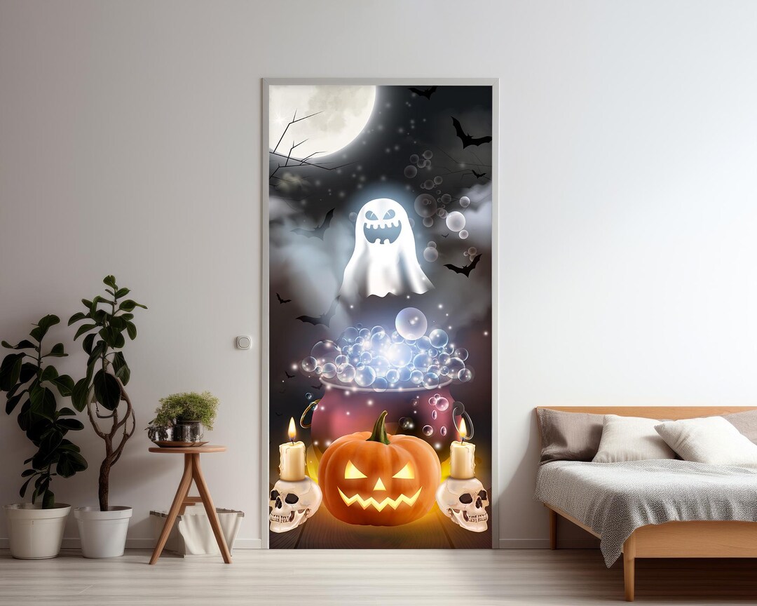 Halloween Ghost With Pumpkin Door Decal, Halloween Door Banner ...
