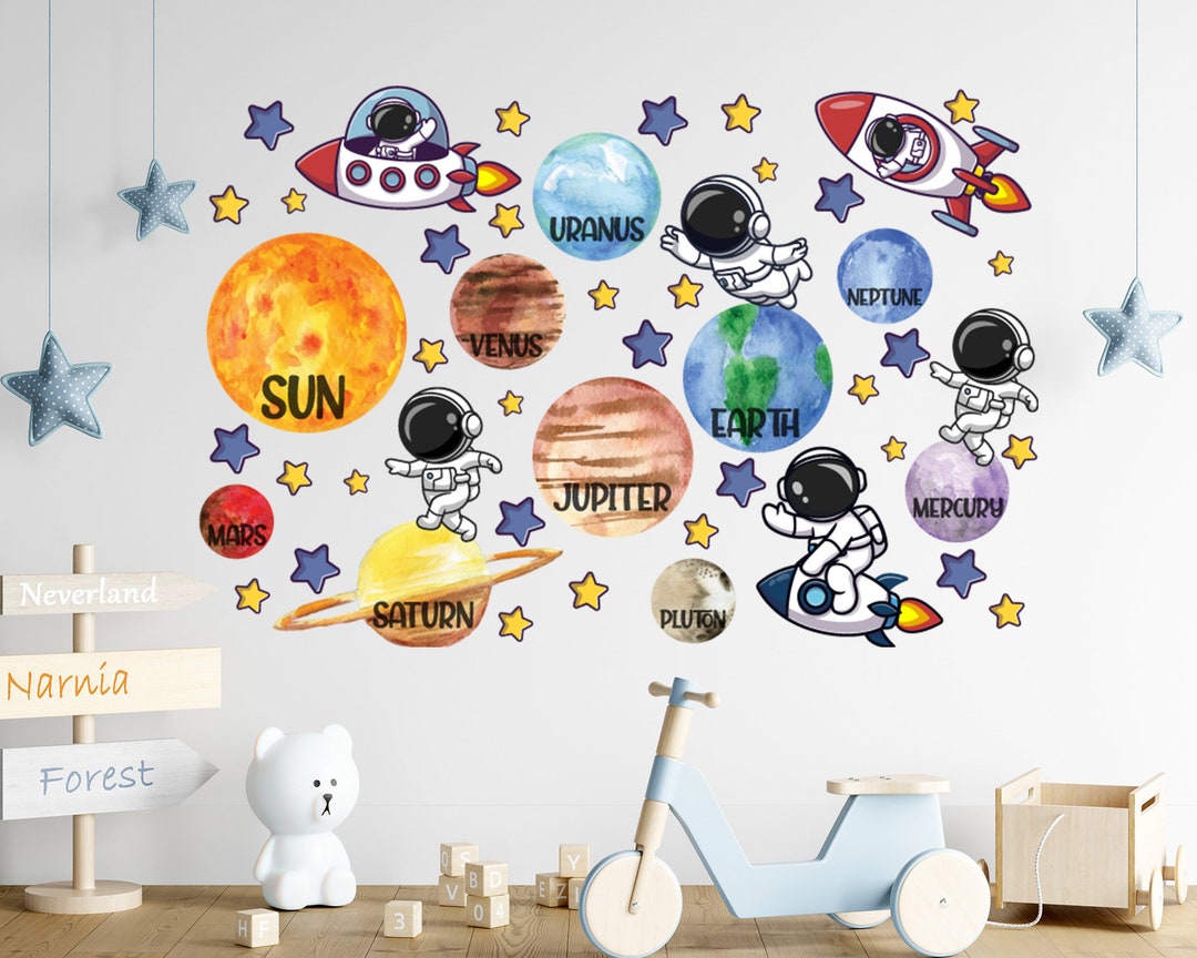 Astronaut in Space Wall Decal for Nursery, Solar System Planets Vinyl ...