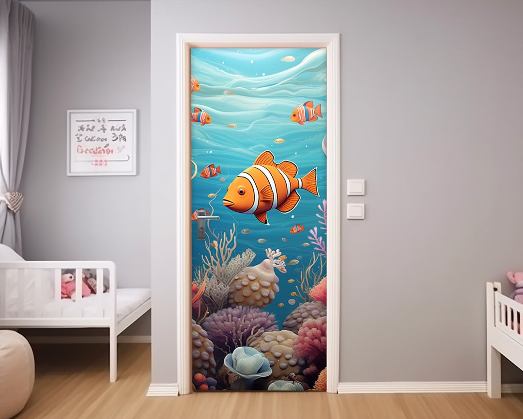 Ocean Door Mural Childrens Room, Vinyl Door Cover, Underwater World ...