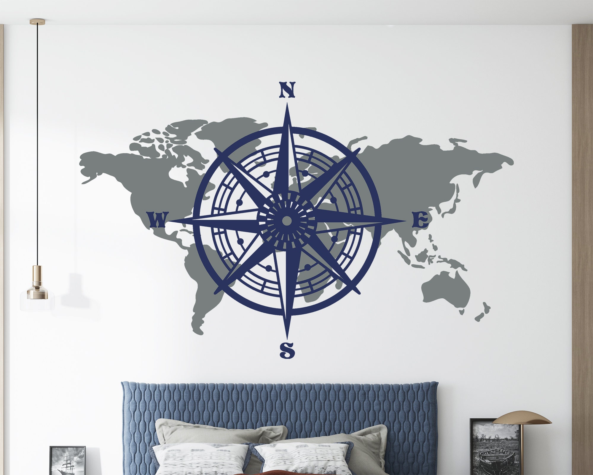 World Map Wall Decal Compass Decal Bedroom Decor Removable | Etsy