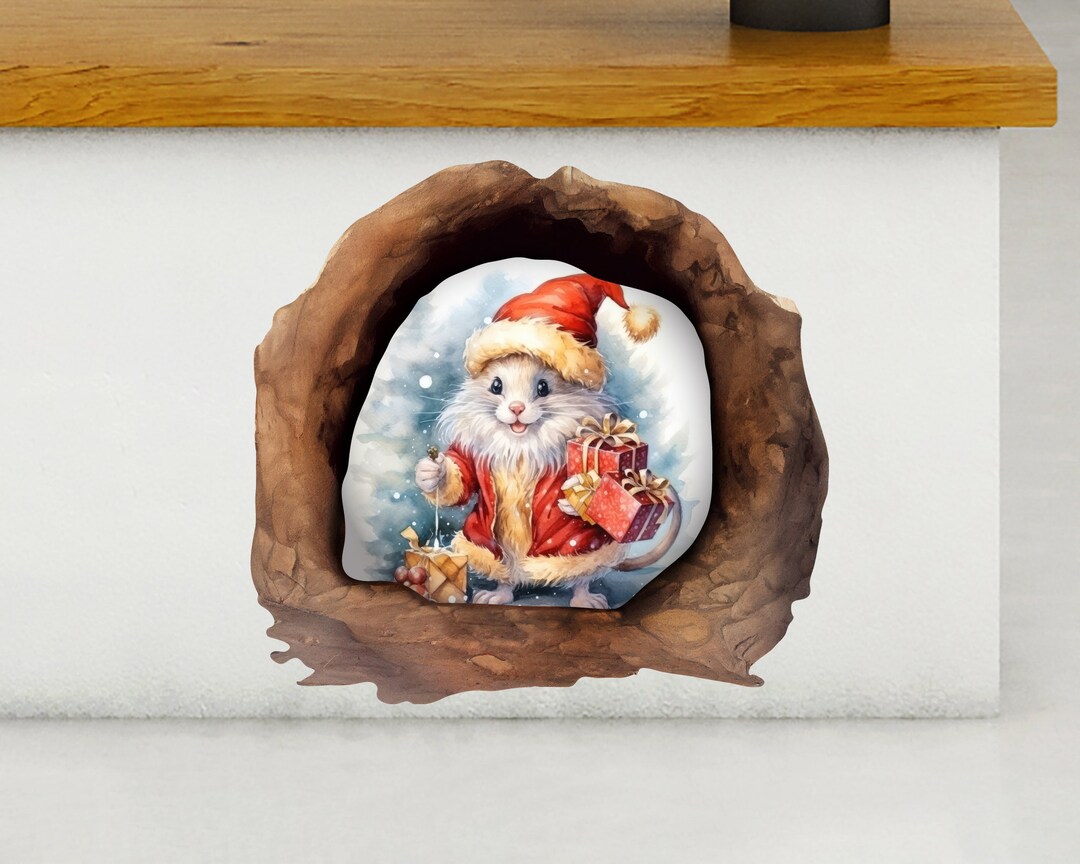 Christmas Mouse 3d Hole Wall Decal, Bedroom Vinyl Decor, Christmas ...