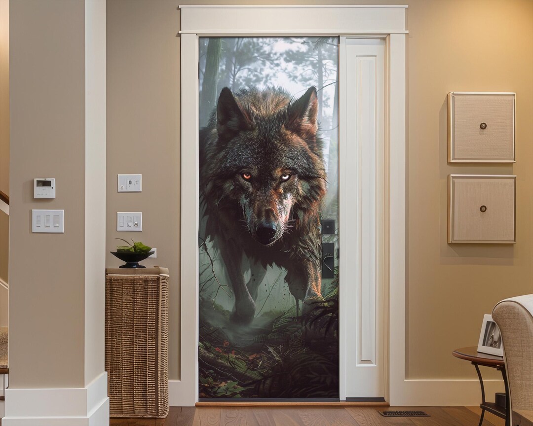 Big Wolf Front Door Cover: Realistic Wild Animal Decor Reusable Fabric ...