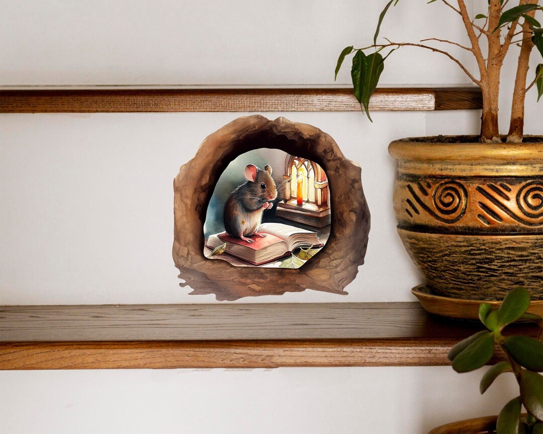 Mouse Reading Book Hole Wall Decal, Bedroom Vinyl Decor, Church Mouse ...