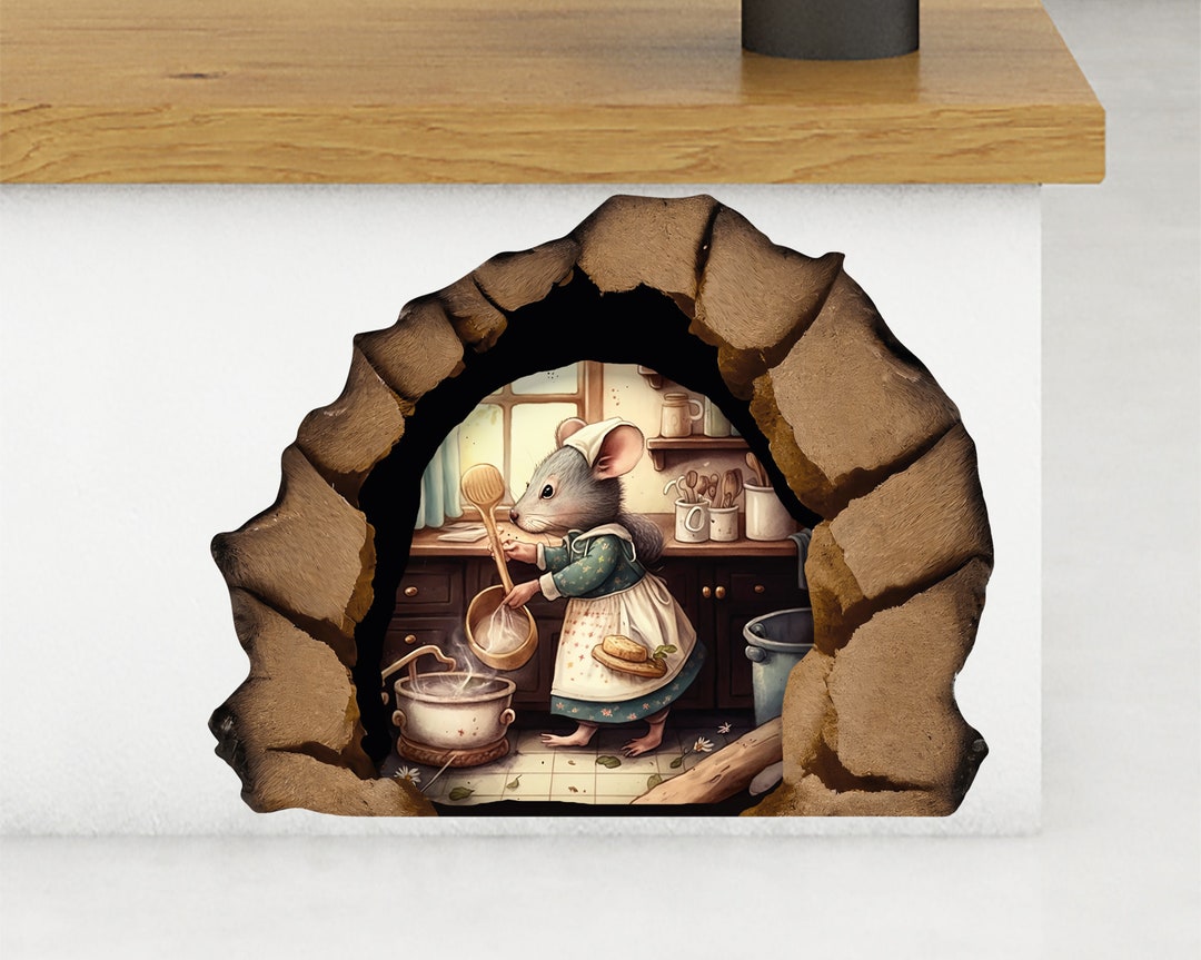 Mouse Preparing to Eat in Hole Wall Decal, Bedroom Decor, Watercolor ...