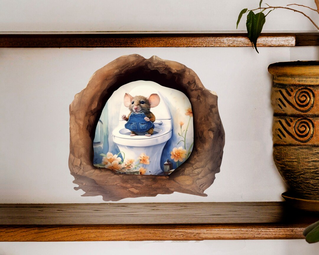 Mouse Sitting on Toilet in Hole Wall Decal, Bedroom Decor, Mouse 3D ...