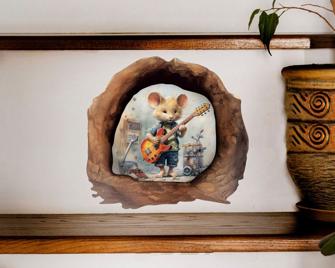 Mouse Musician Playing the Guitar in Hole Wall Decal Bedroom - Etsy