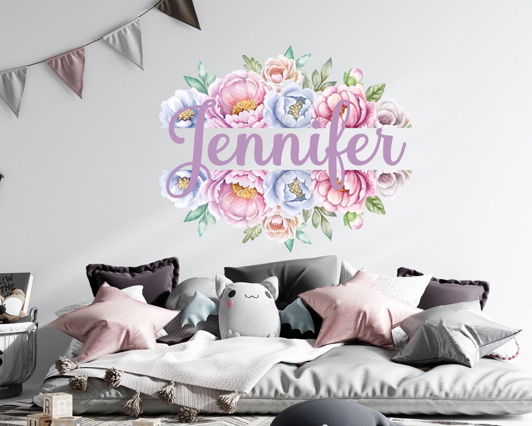 Peony Girl Name Wall Decal Kids Room Decor, Flower Theme Girl Bedroom ...