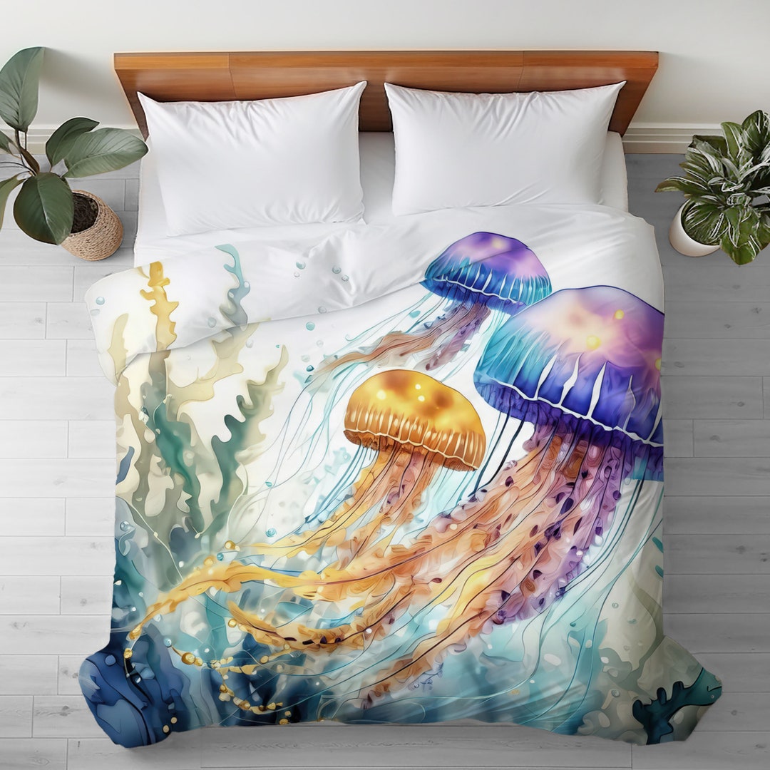 Jellyfish Duvet Cover With Tropical Watercolor Art: Cotton or Polyester ...