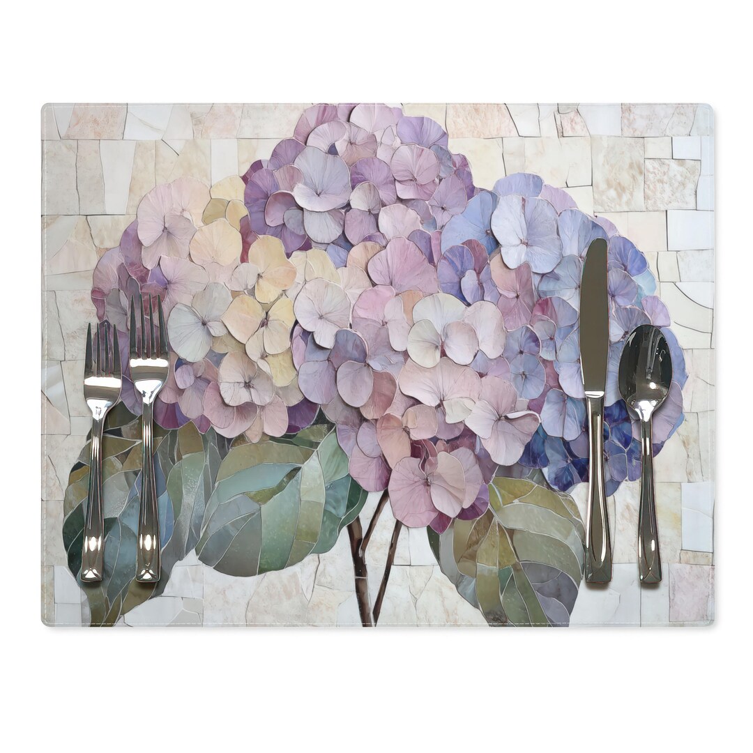 Placemat With Hydrangeas Mosaic Art: Floral Cotton Table Linen, Hemmed ...