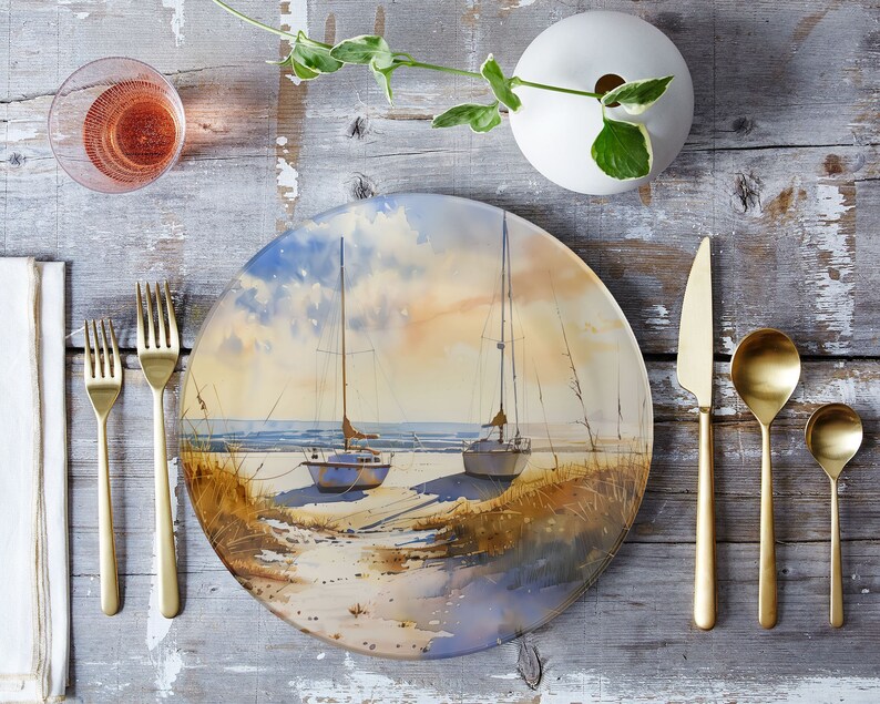 Plate With Sailboats on Beach Watercolor Art: Beach Unbreakable Indoor ...