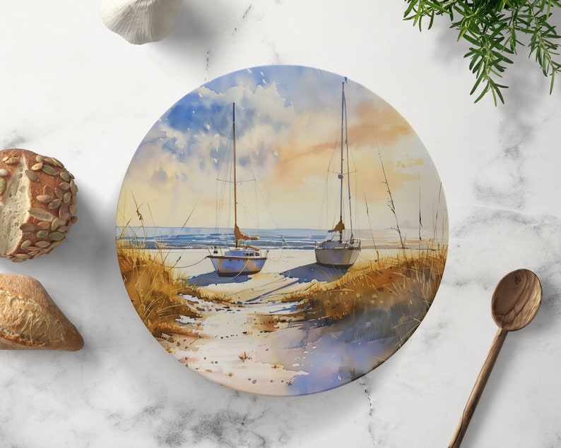Plate With Sailboats on Beach Watercolor Art: Beach Unbreakable Indoor ...