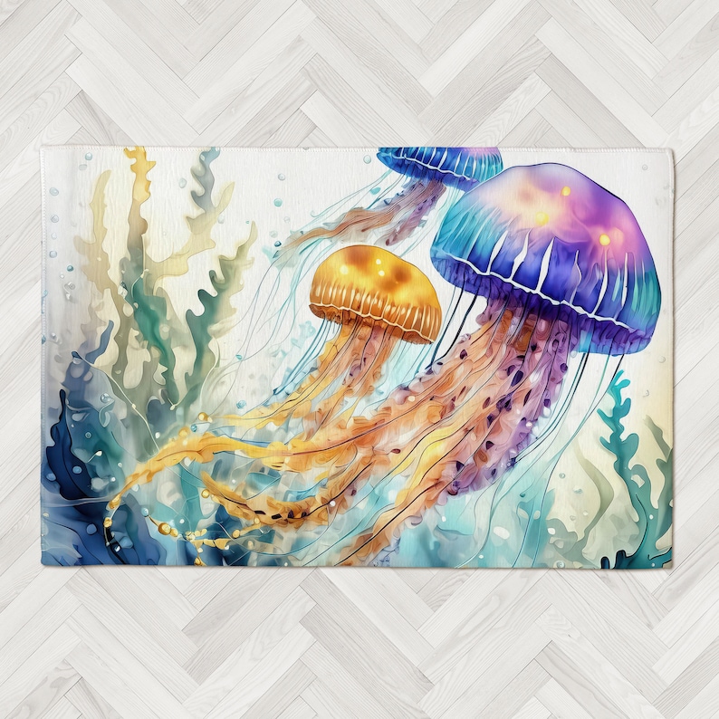 Area Rug With Jellyfish Watercolor Art: Modern Tropical Indoor-outdoor ...