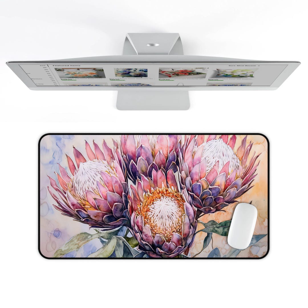 King Protea Desk Mat With Tropical Watercolor Art: Anti-slip Mouse Pad ...
