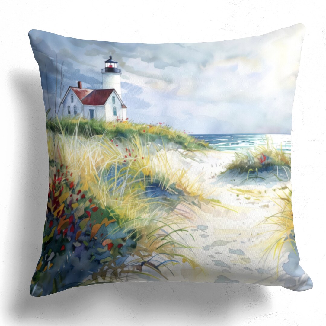Lighthouse Pillow Cover With Watercolor Art: Coastal Decorative Throw ...
