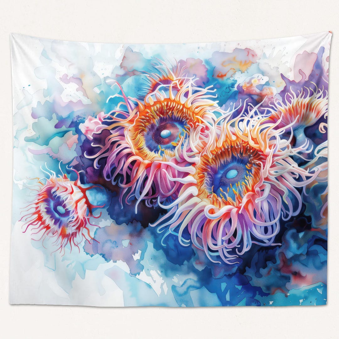 Sea Anemones Watercolor Art Tapestry: Coastal Large Modern Wall Hanging ...
