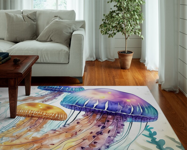 Area Rug With Jellyfish Watercolor Art: Modern Tropical Indoor-outdoor ...