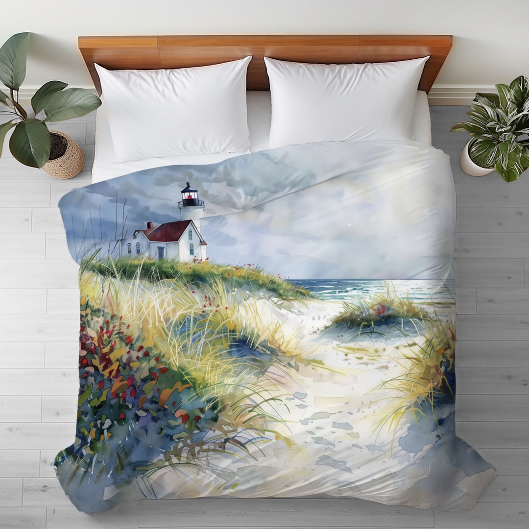 Lighthouse Duvet Cover With Coastal Watercolor Art: Silky Microfiber ...