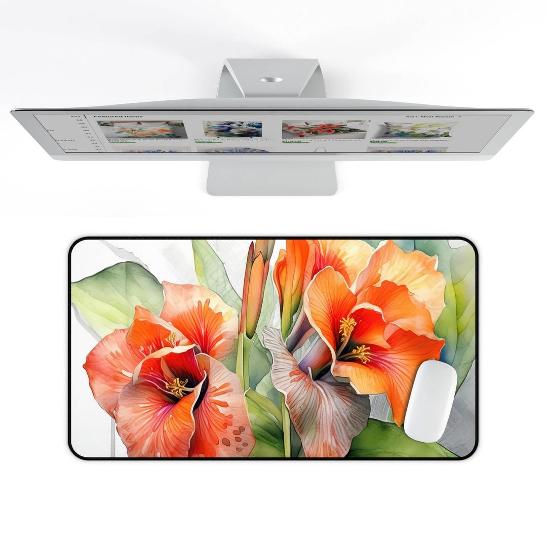 Canna Lilies Desk Mat With Tropical Watercolor Art, Anti-slip Backing ...