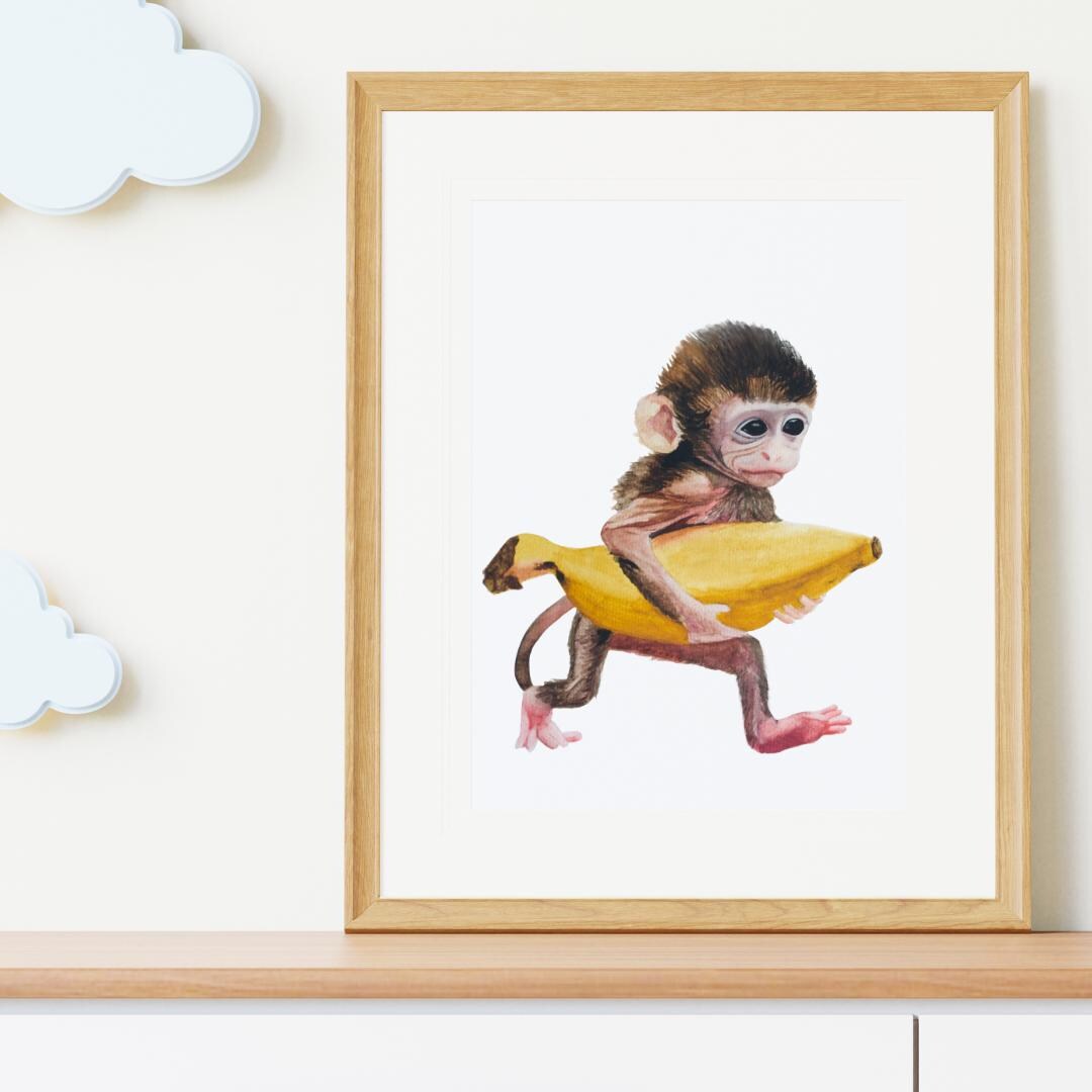 Poster, Cute Baby Monkey Watercolor Art Print, Nursery Decor, Animal ...