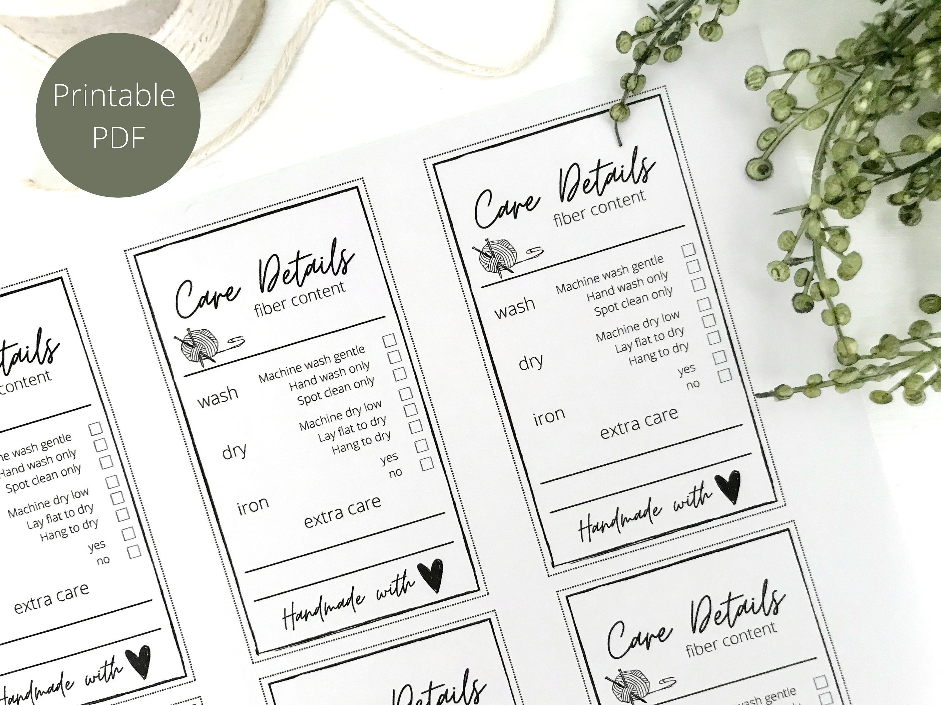 Printable Handmade Care Tag Template: Fiber Care Label (PDF) - Etsy