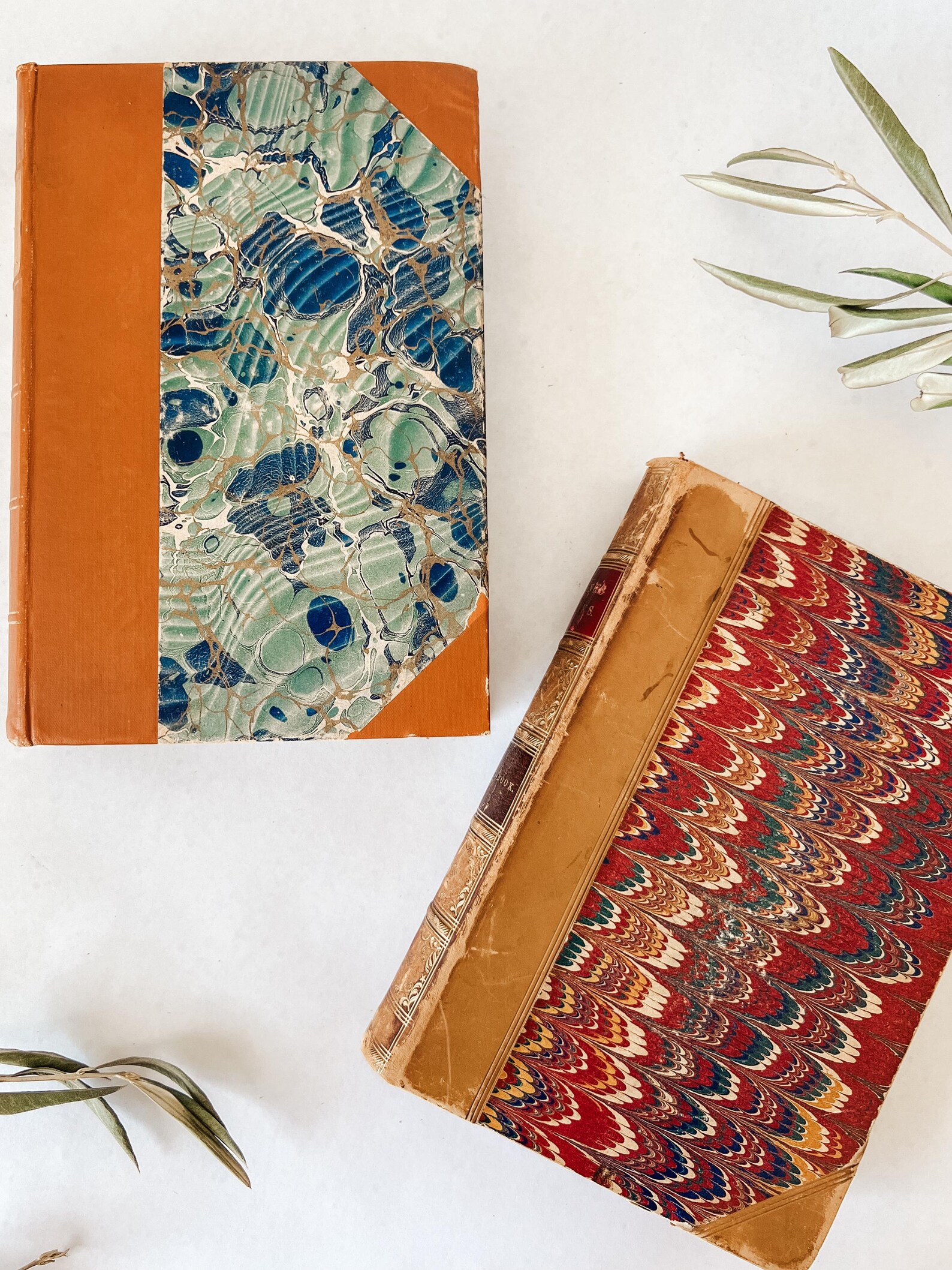 Antique Leather Bound Books With Marbled Covers - Etsy