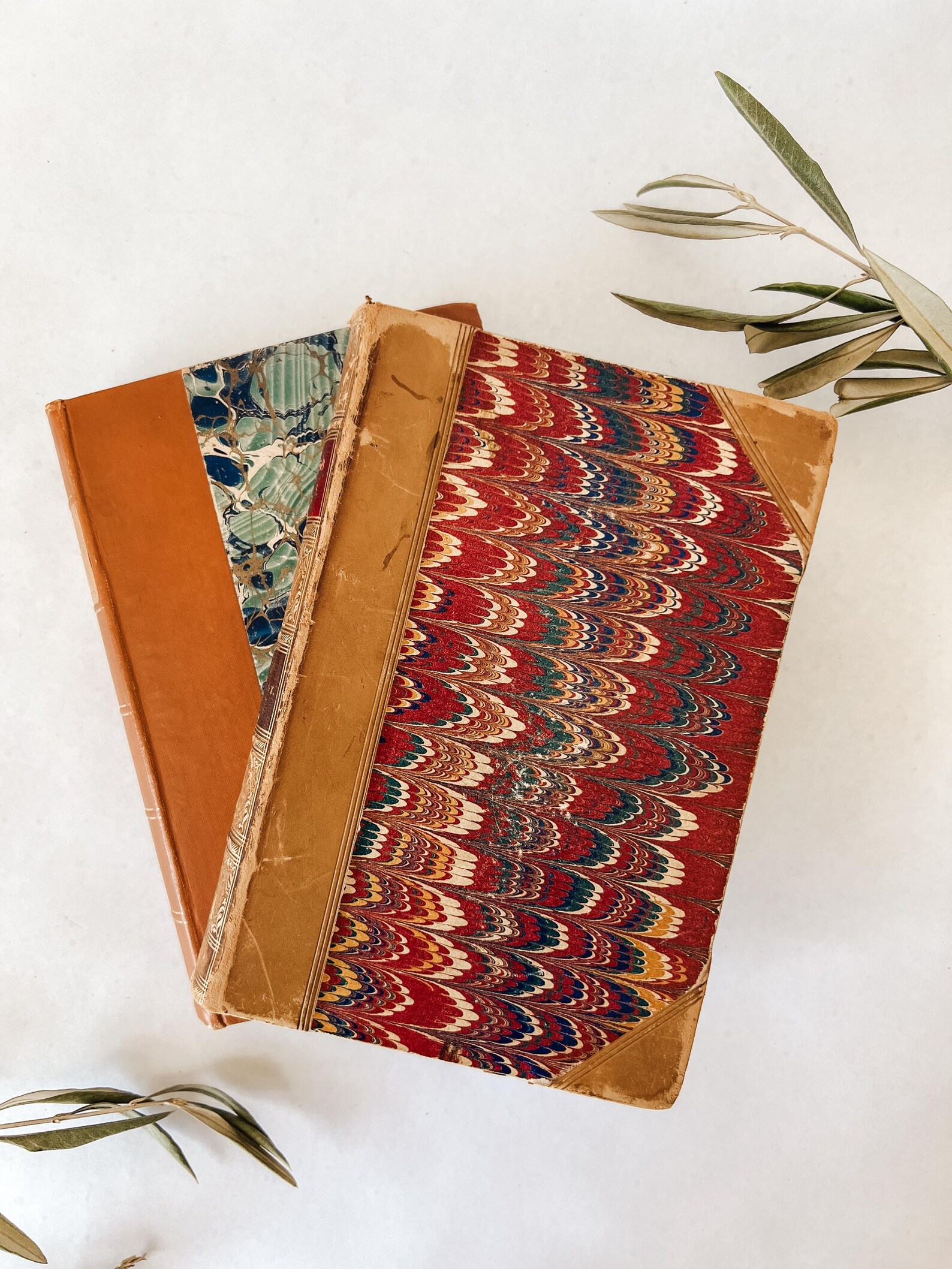 Antique Leather Bound Books With Marbled Covers - Etsy