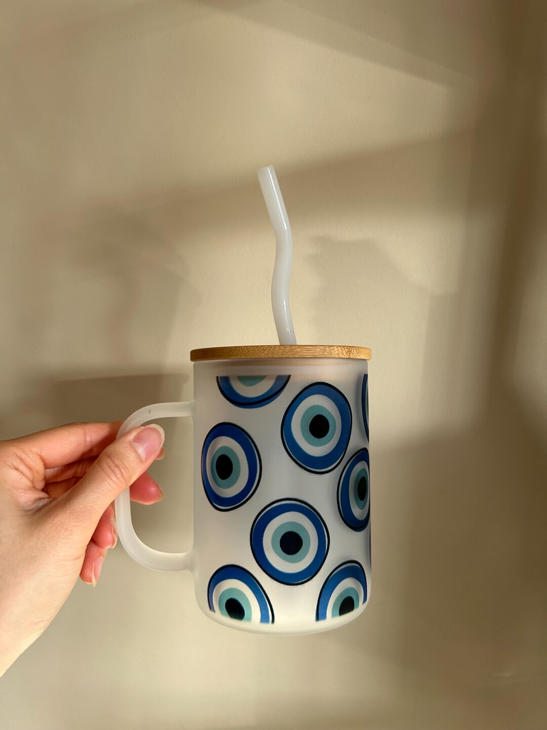 Evil Eye Glass Mug| Glass Can Mug| Matcha Mug | Coffee Mug| - Etsy