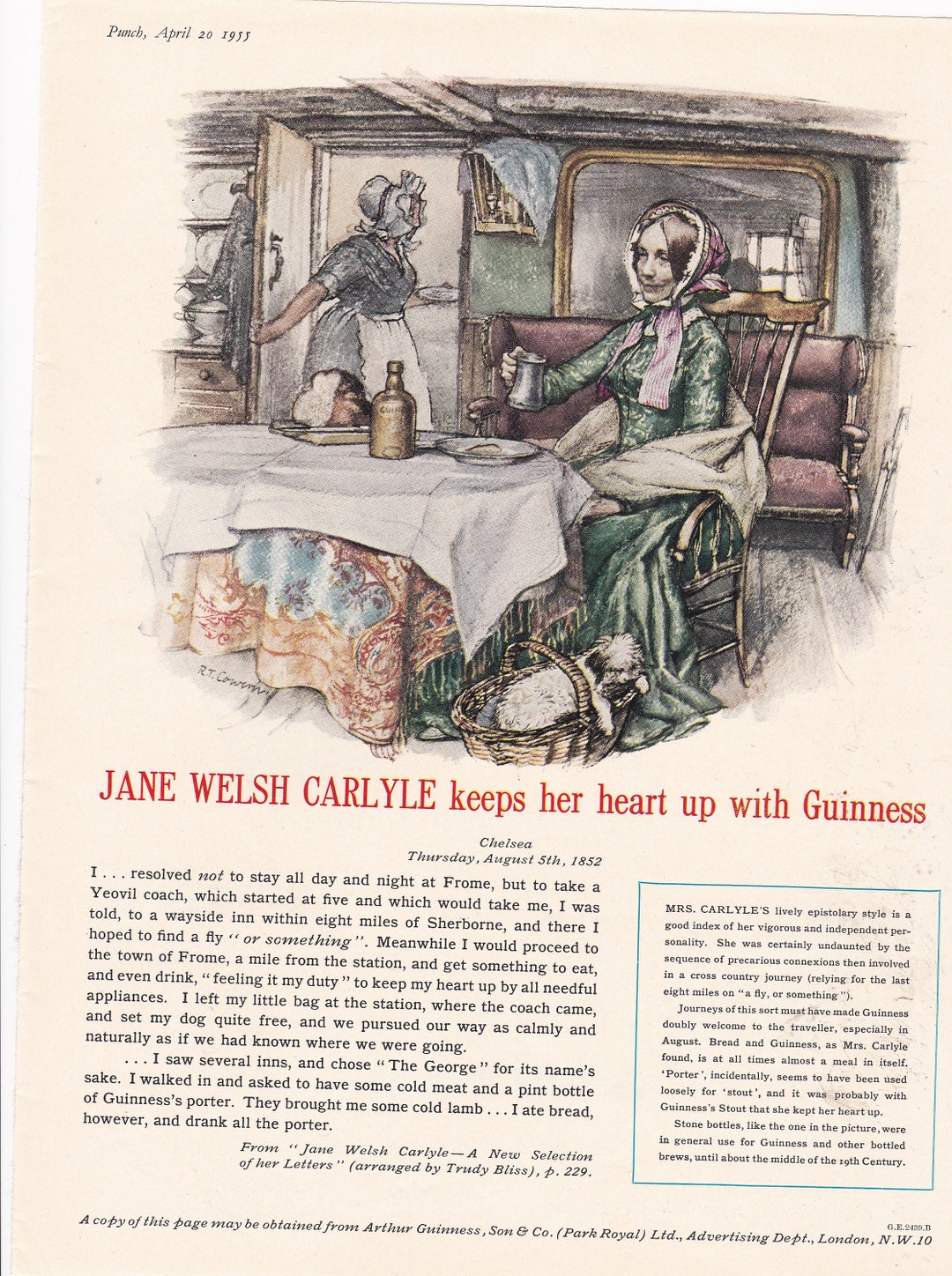 1955 GUINNESS 'jane Welsh Carlyle ' Magazine Advert - Etsy