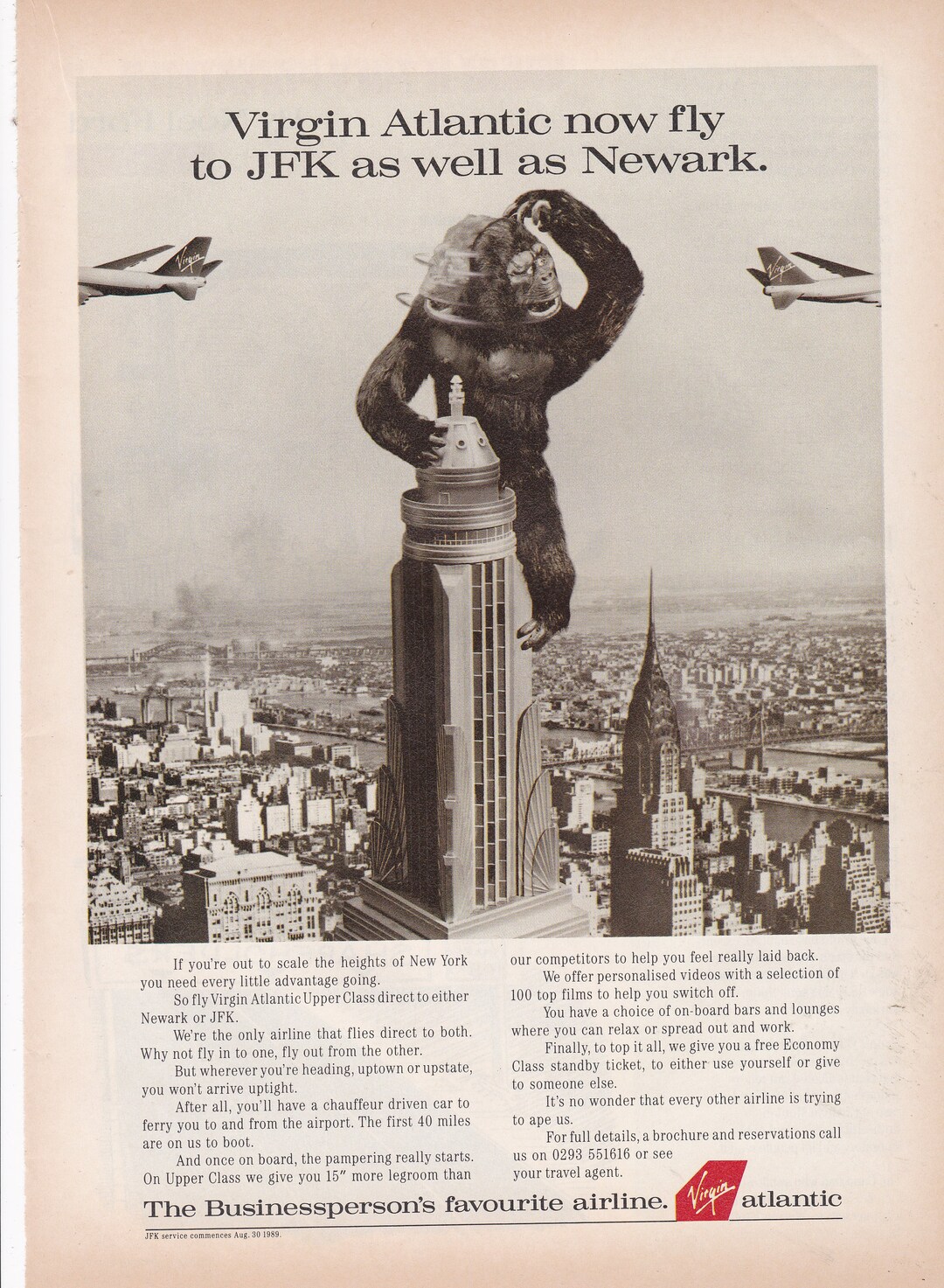 1989 VIRGIN ATLANTIC AIRLINES Magazine Advert - Etsy