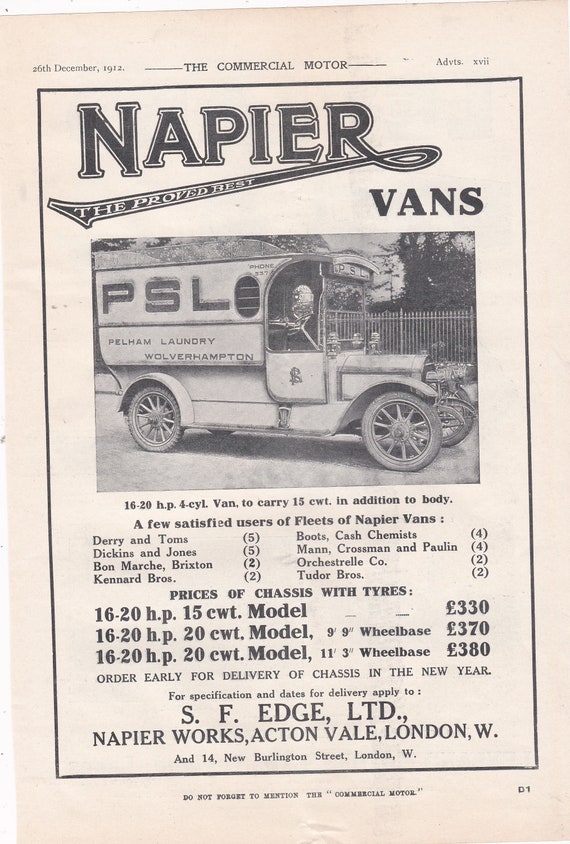 1912 Magazine Advert for Napier Vans - Etsy