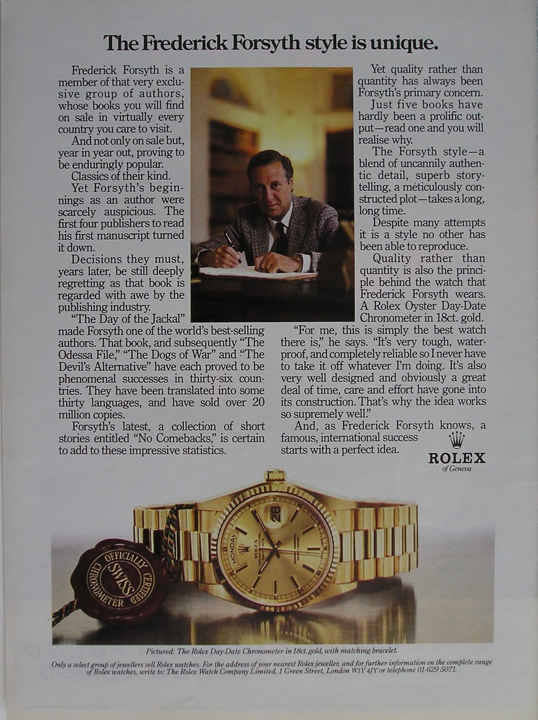 1983 ROLEX WATCH Magazine Advert. Frederick Forsyth - Etsy