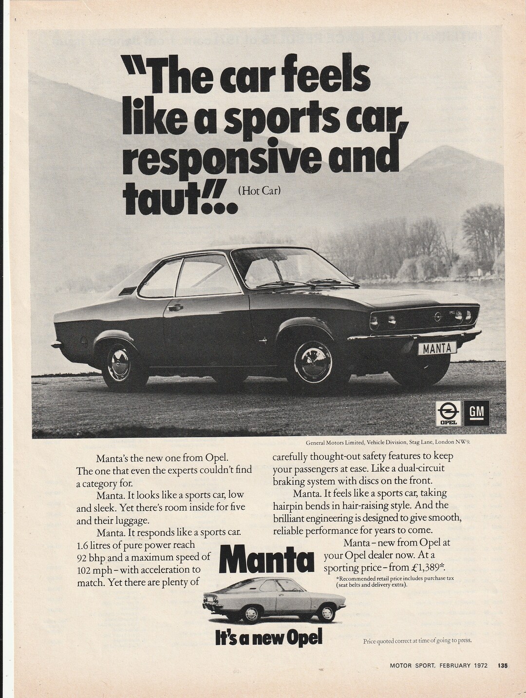 1972 OPEL MANTA Motor Car Magazine Advert - Etsy