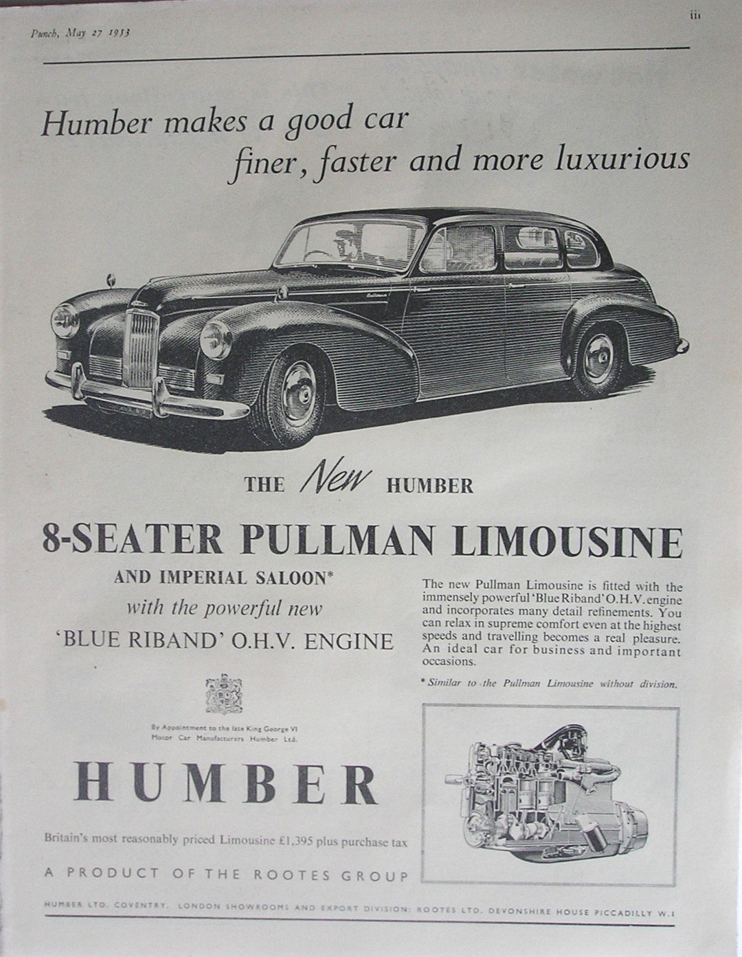 1953 HUMBER PULLMAN LIMOUSINE Motor Car Magazine Advert - Etsy