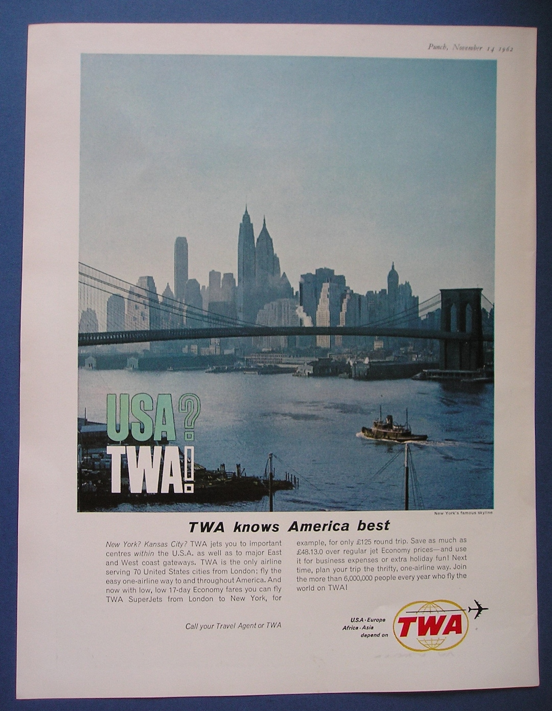 1962 TWA MAGAZINE Advert - Etsy